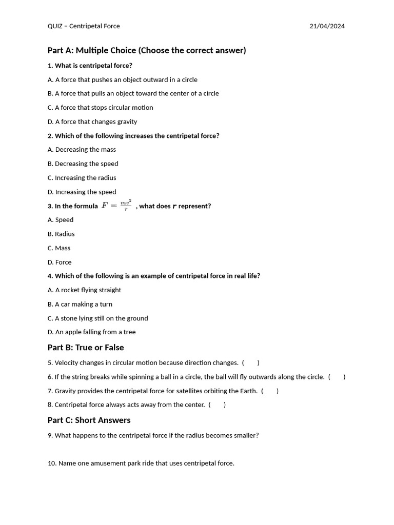 Centripetal Force Quiz for IGCSE | PDF