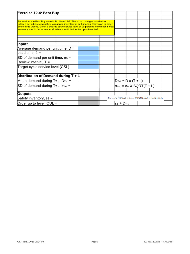 Session 6 Problem 12-4 Template | PDF