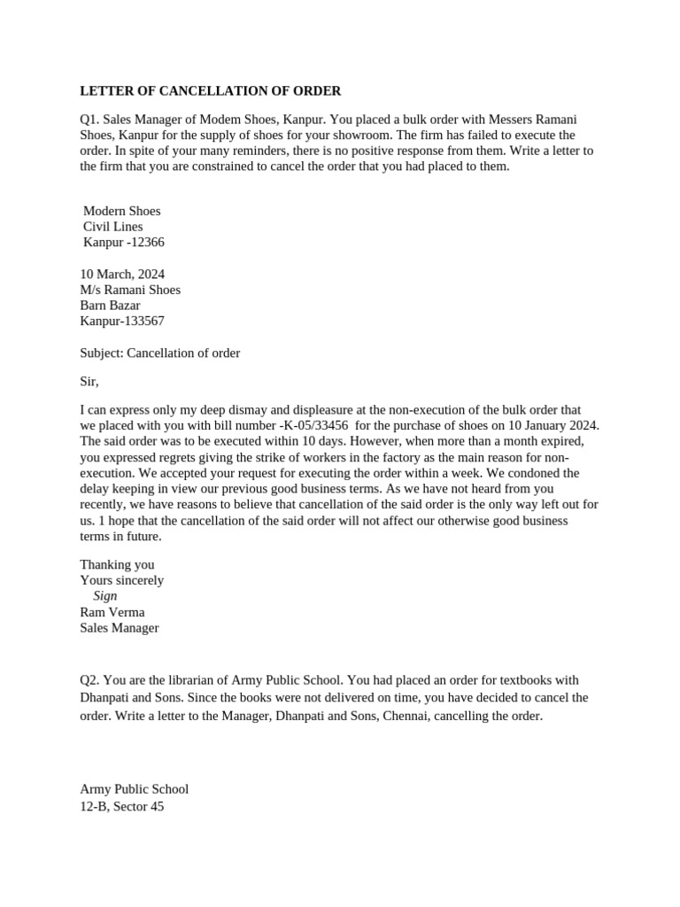 Format-Letter of Cancellation of Order | PDF