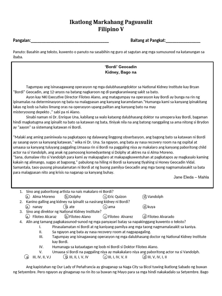 3rd Quarter Exam - Filipino 5 - q3 | PDF