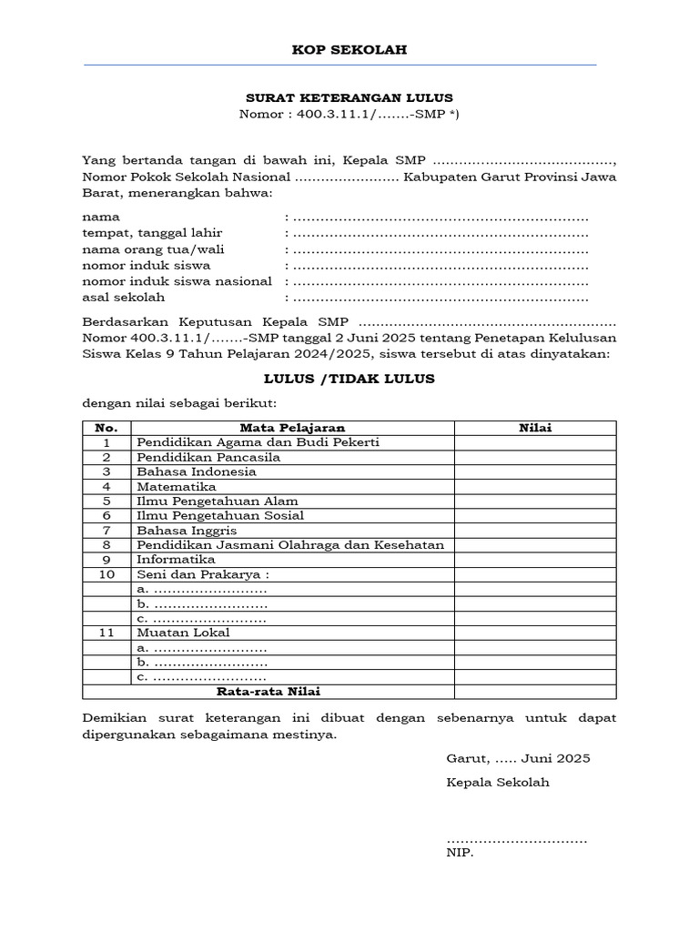 Surat Keterangan Lulus SMP 2025 | PDF
