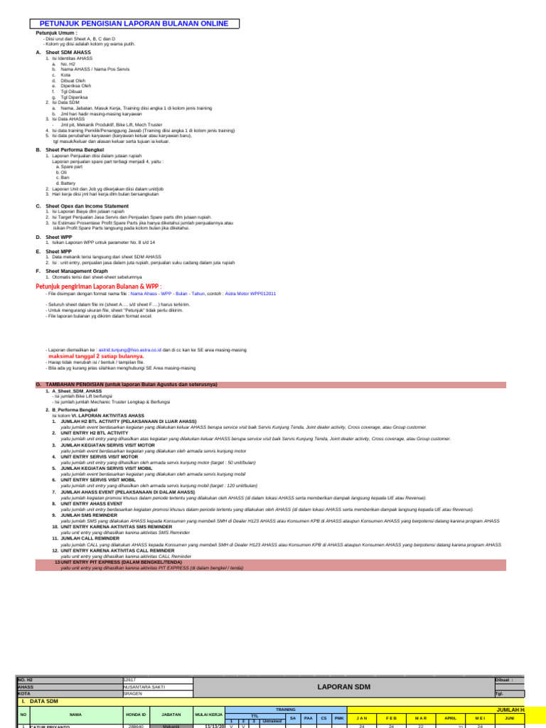 Panduan Laporan Bulanan AHASS Excel | PDF