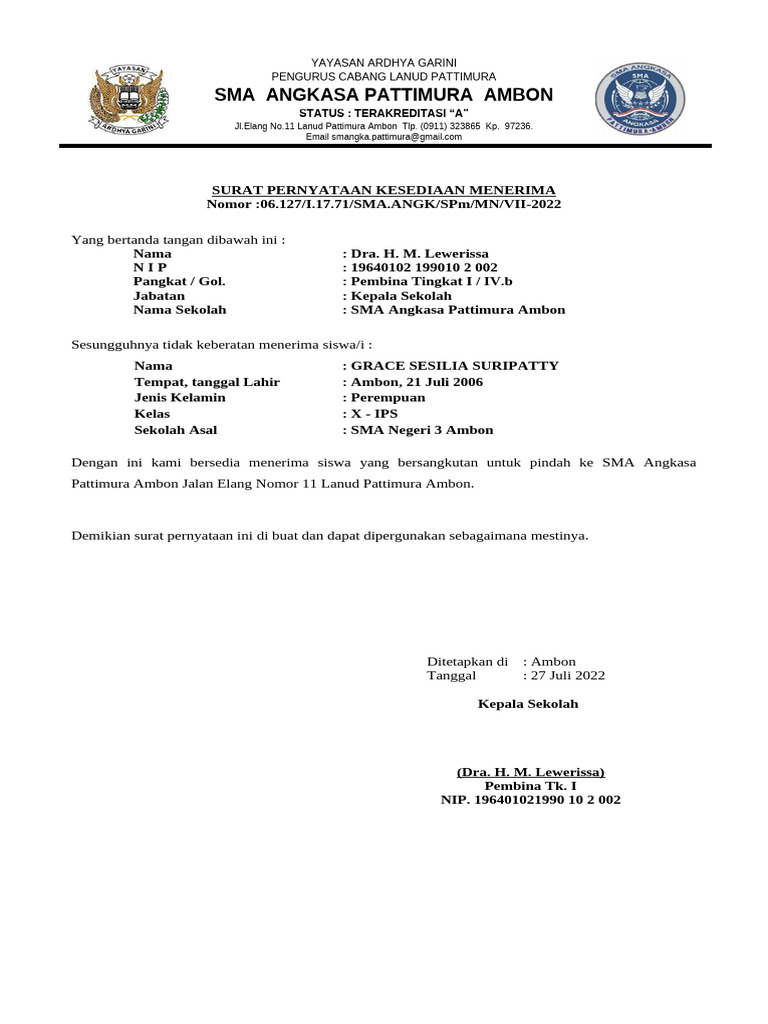 Surat Penerimaan Siswa SMA Angkasa Pattimura | PDF