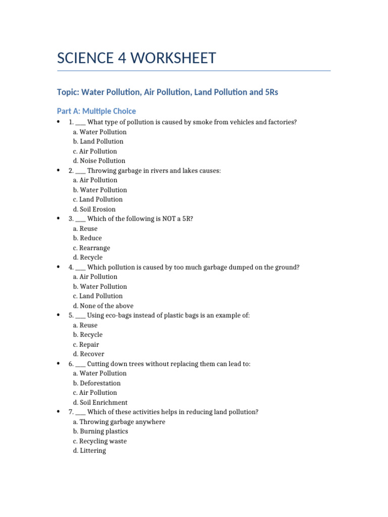 Science4 Worksheet Pollution and 5Rs Updated | PDF | Waste | Pollution