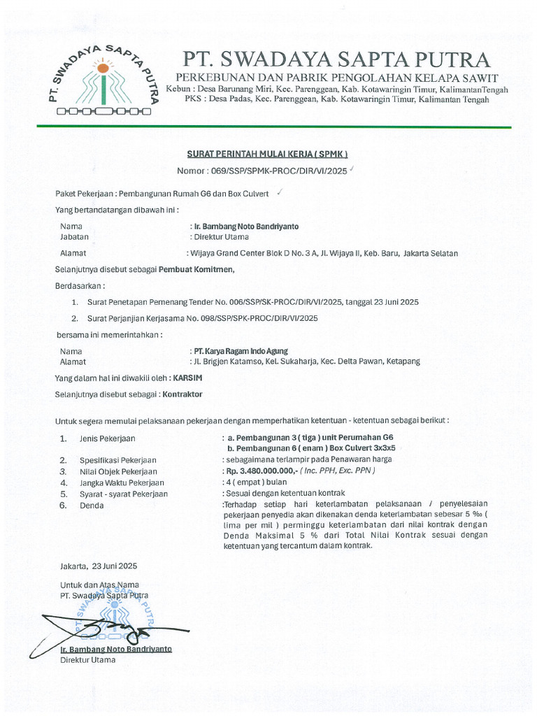 SPMK Pekerjaan Pembangunan 3 Unit Perumahan G6 Dan 6 Unit Box Culvert PT. SSP - PT. KRIDA | PDF
