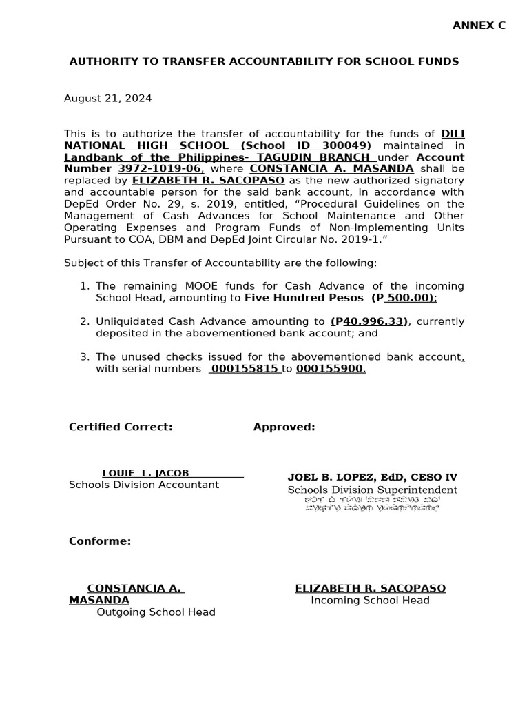 Transfer of Accountability for Dili High | PDF