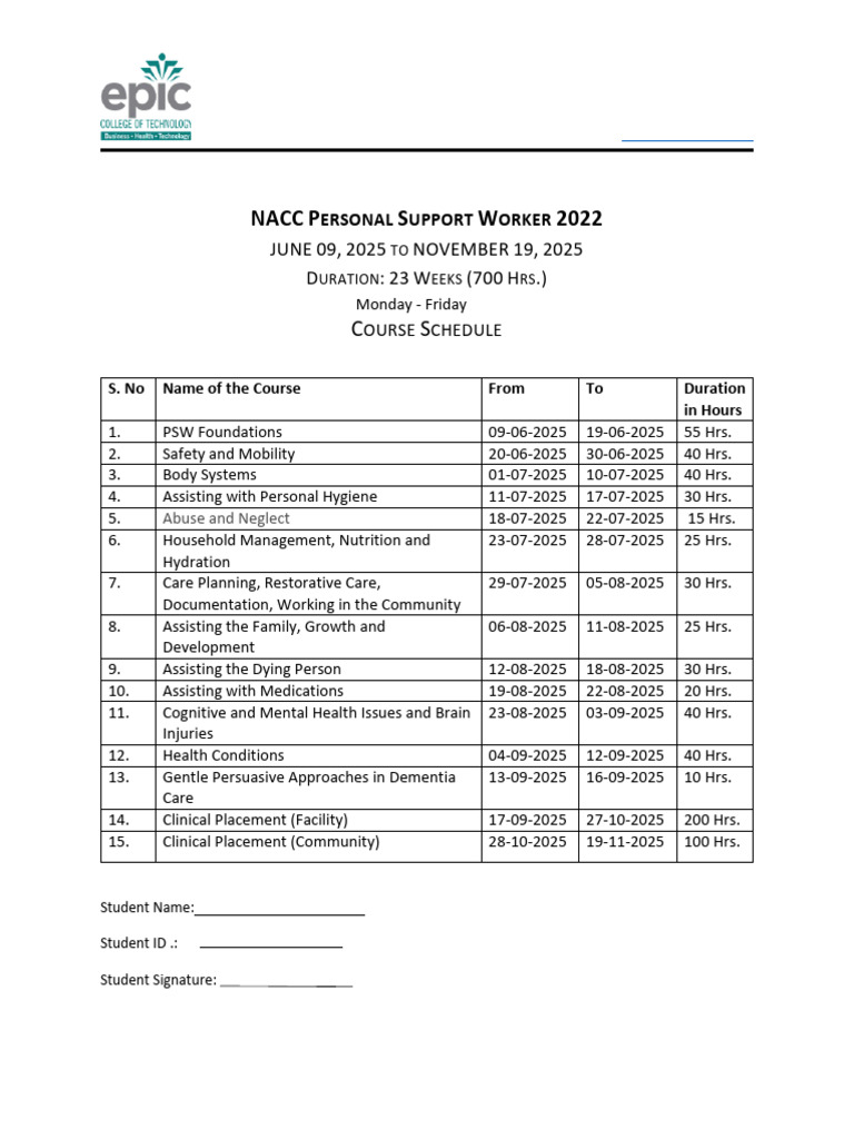 PSW Class Schedule JUNE 09, 2025 TO NOVEMBER 19, 2025 | PDF
