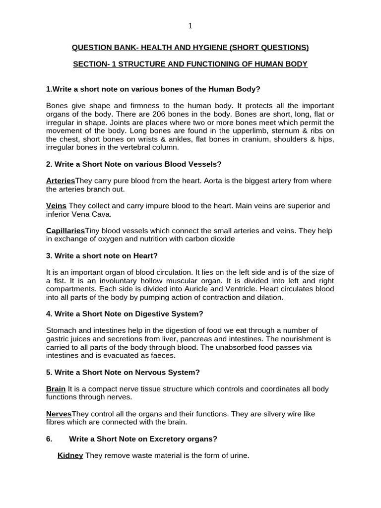 Question Bank-Hlth & Hyg - Short Qs | PDF | Human Body | Hygiene