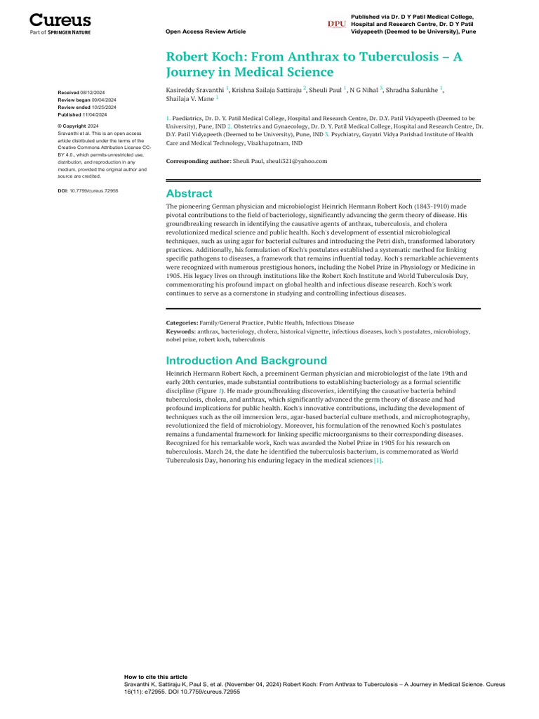 Robert Koch - From Anthrax To Tuberculosis - A Journey in Medical Science | PDF | Tuberculosis ...