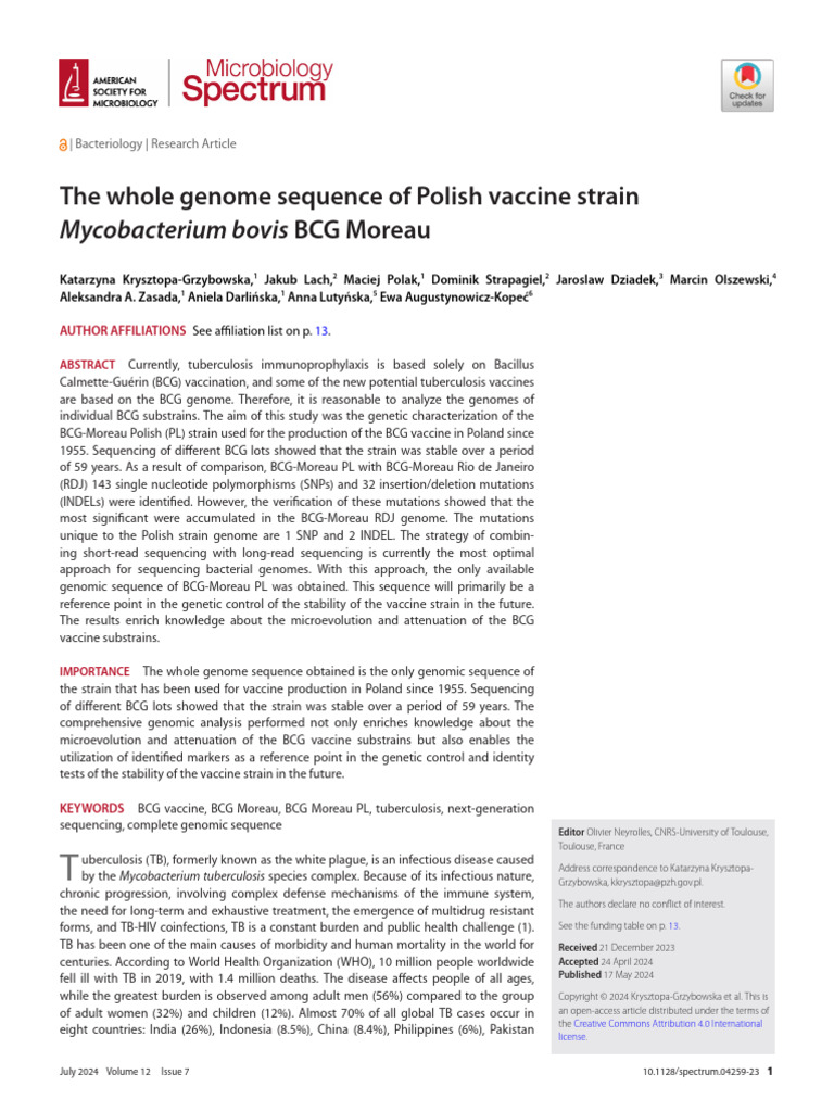 The Whole Genome Sequence of Polish Vaccine Strain Mycobacterium Bovis ...
