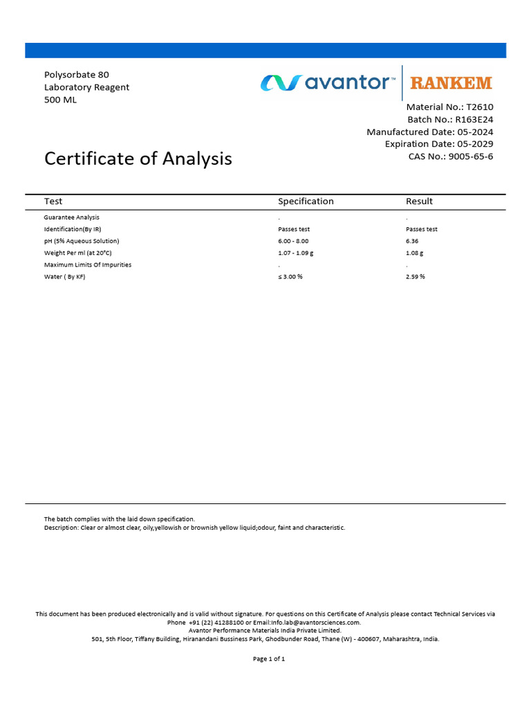 Polysorbate 80 Certificate of Analysis | PDF | Chemistry