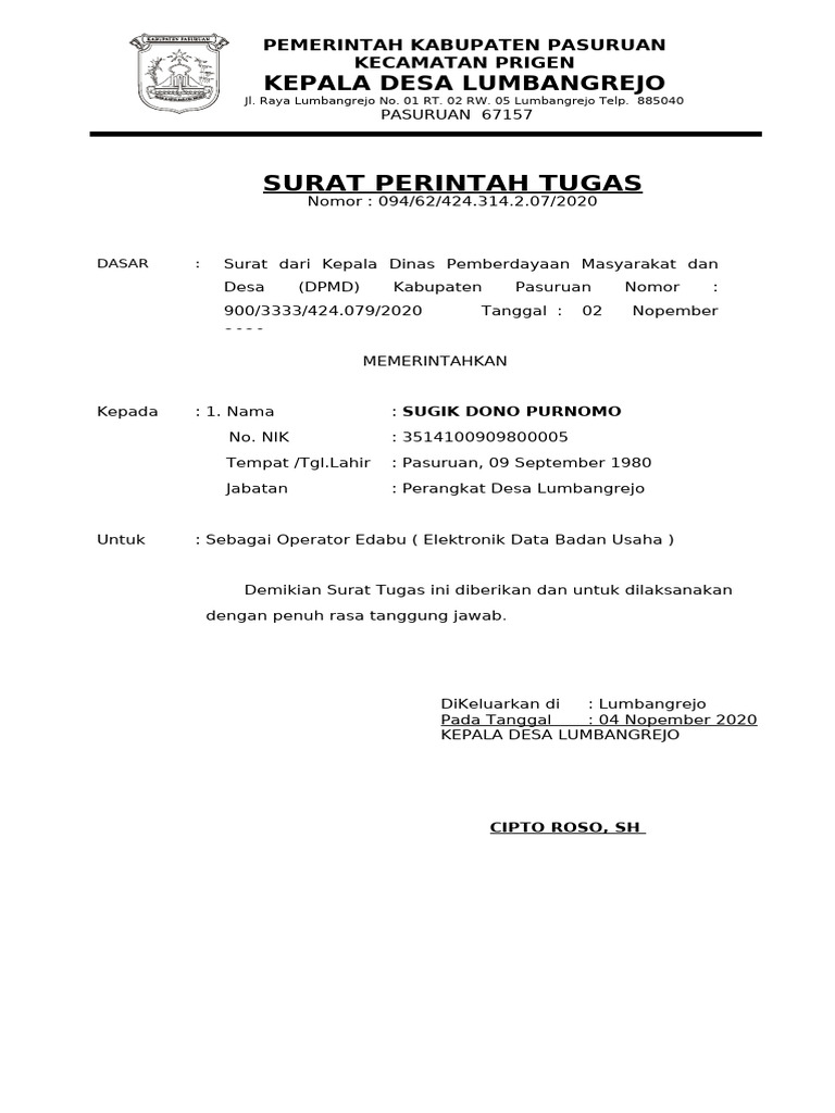 Contoh Surat Perintah Tugas | PDF