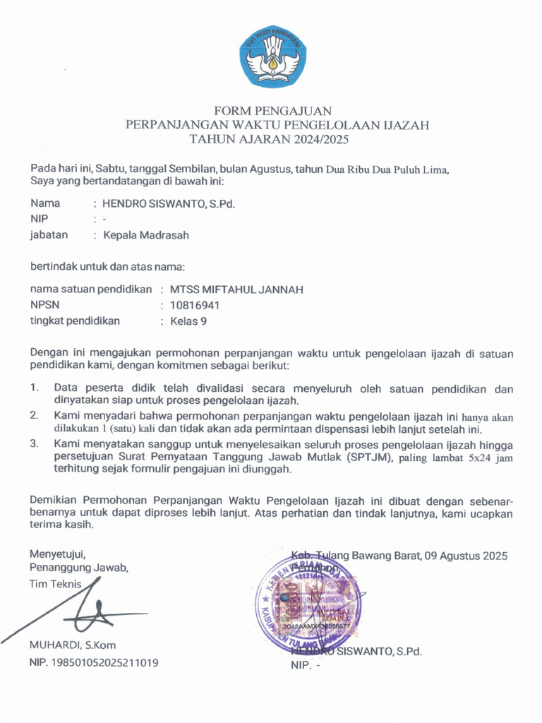 Pengajuan TTD Materai Mts Miftahul Jannah | PDF