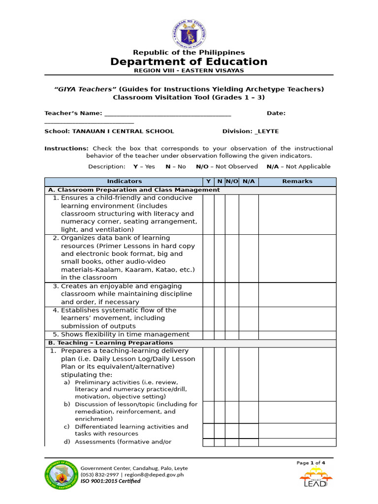 GIYA Teachers Classroom Visitation Tool G1 3 | PDF | Learning | Teachers