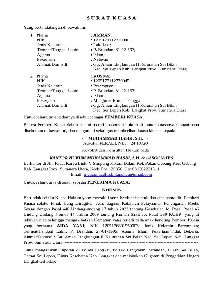 Surat Kuasa Hukum untuk Medis Langkat | PDF