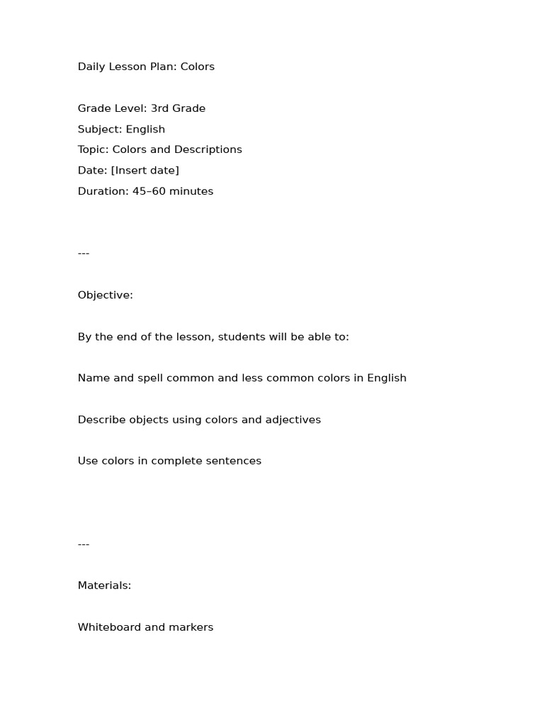 3rd Grade Lesson on Colors | PDF