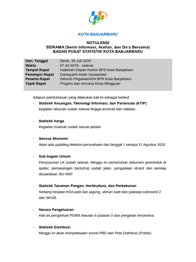 Progres Kerja BPS Kota Banjarbaru | PDF