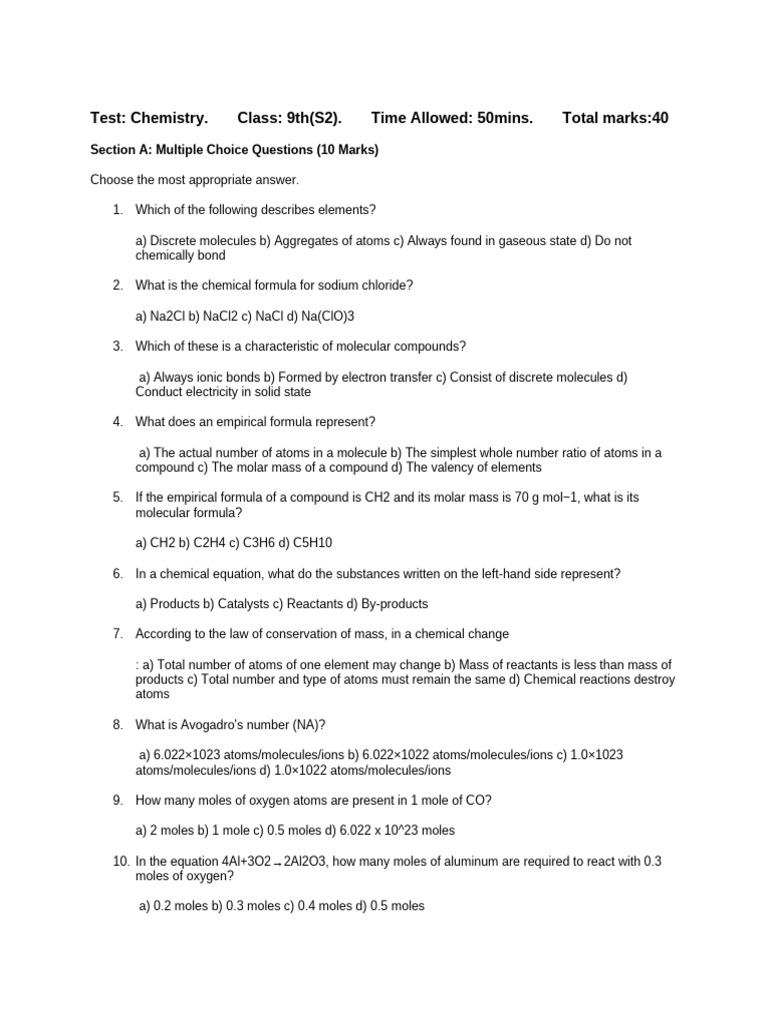 9th Grade Chemistry Test Questions | PDF | Molecules | Mole (Unit)