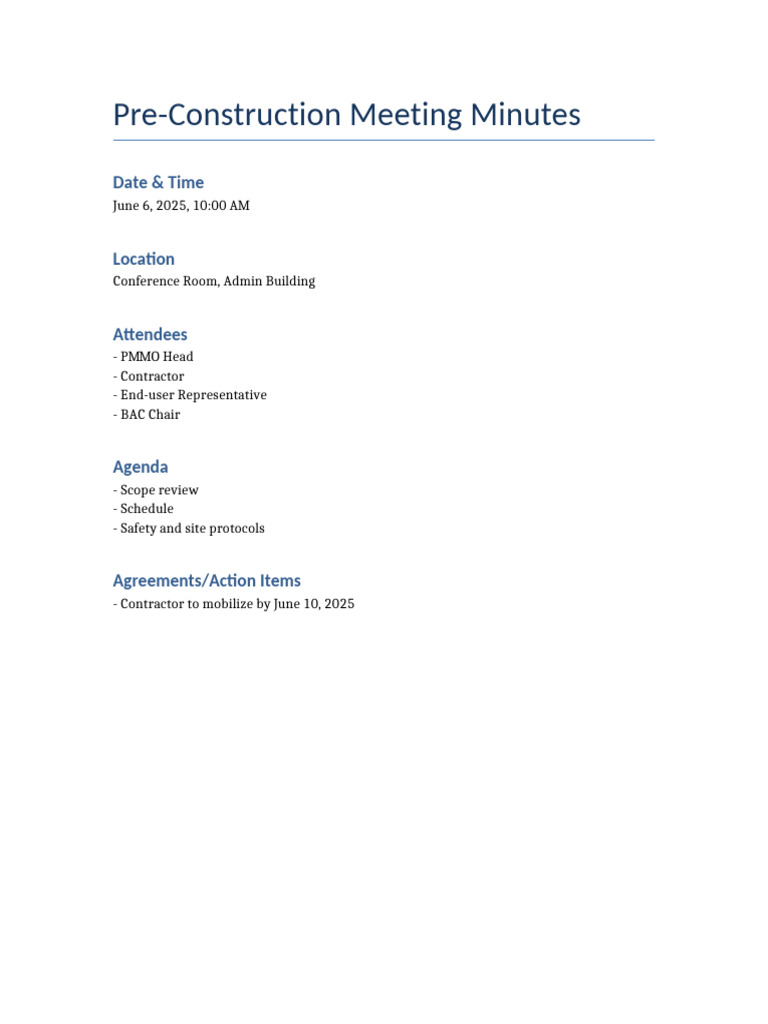 Pre-Construction Meeting Minutes Summary | PDF