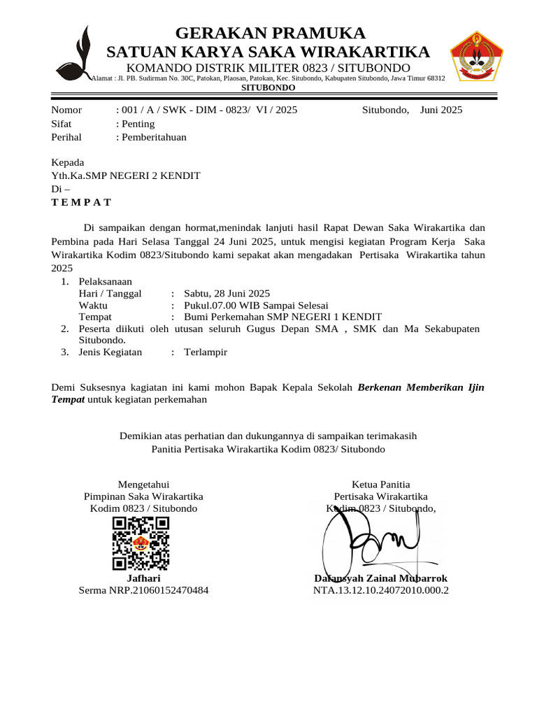 Pemberitahuan Undangan Kodim O823 Situbondo Dispensasi SMP 2 Kendit | PDF