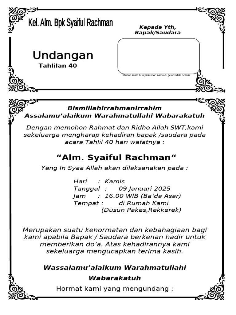 Contoh Undangan Tahlilan 40 Hari Meningg | PDF