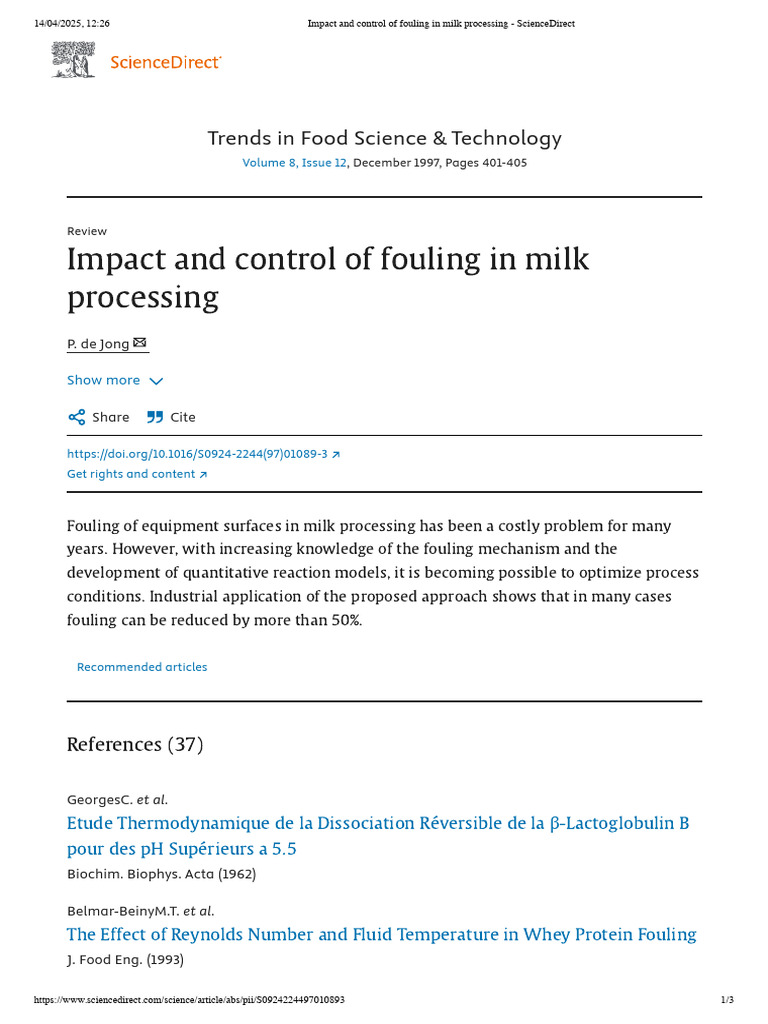 Impact and Control of Fouling in Milk Processing - ScienceDirect | PDF ...