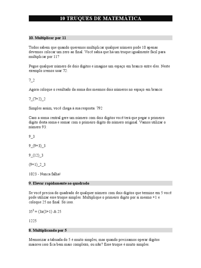 10 Truques Matemáticos Simples | PDF | Números | Ensino de Matemática