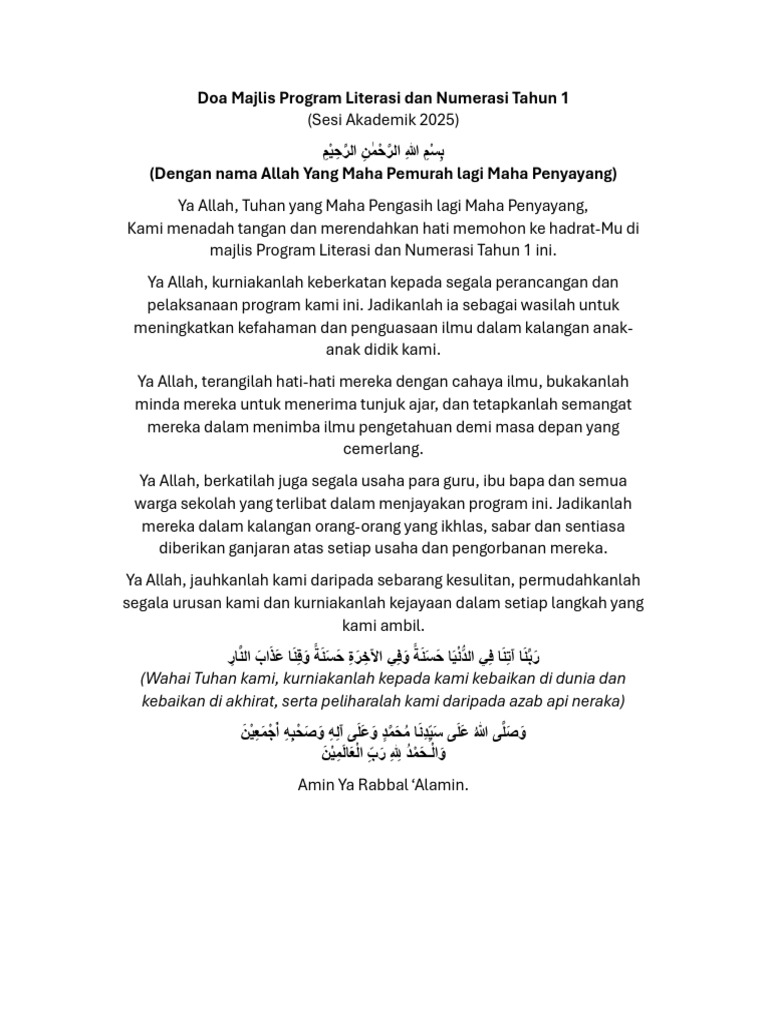 Doa Majlis Program Literasi Dan Numerasi Tahun 1 | PDF