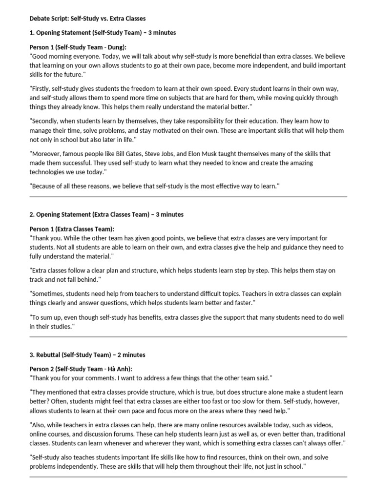 Self-Study vs. Extra Classes Debate | PDF | Teachers | Critical Thinking