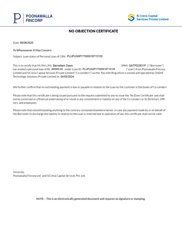 Noc Letter PLUPUN0PYT000018715105 | PDF