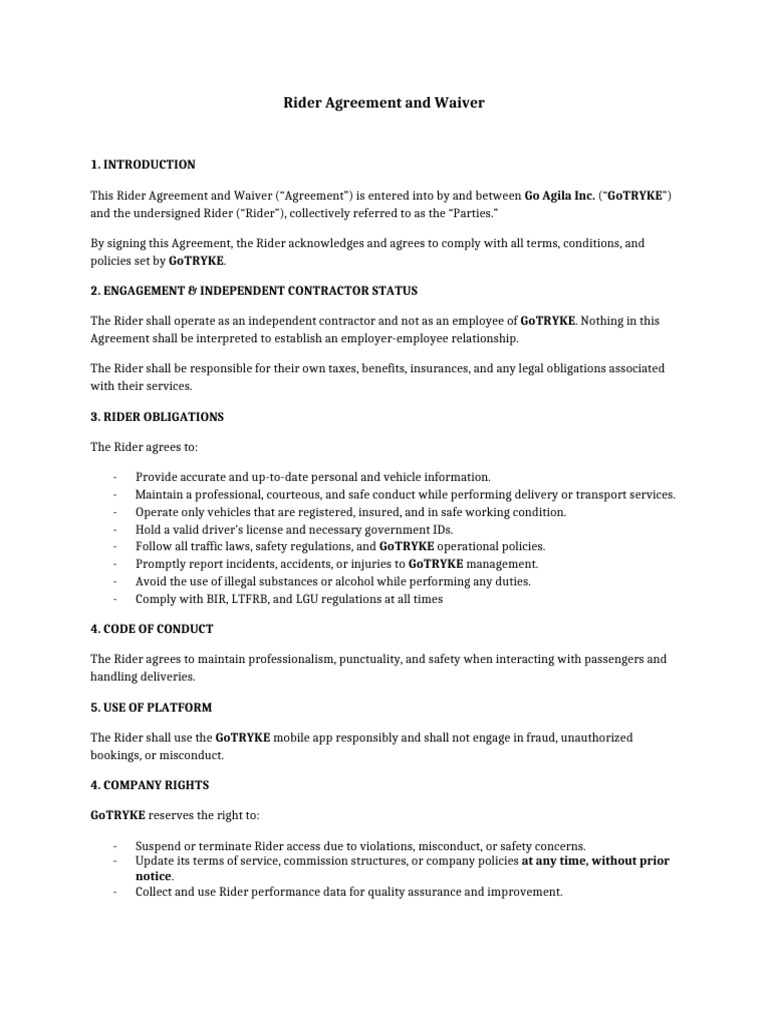 Rider Agreement and Waiver | PDF | Indemnity | Civil Law (Legal System)