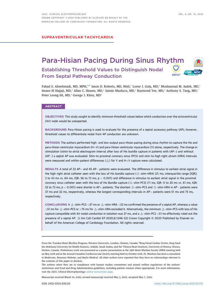 Almehmadi Et Al 2020 para Hisian Pacing During Sinus Rhythm | PDF ...