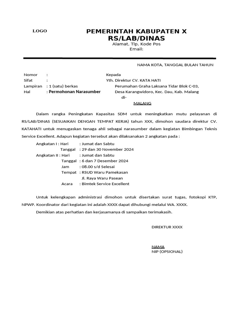 Surat Permohonan Narasumber - Contoh Format | PDF