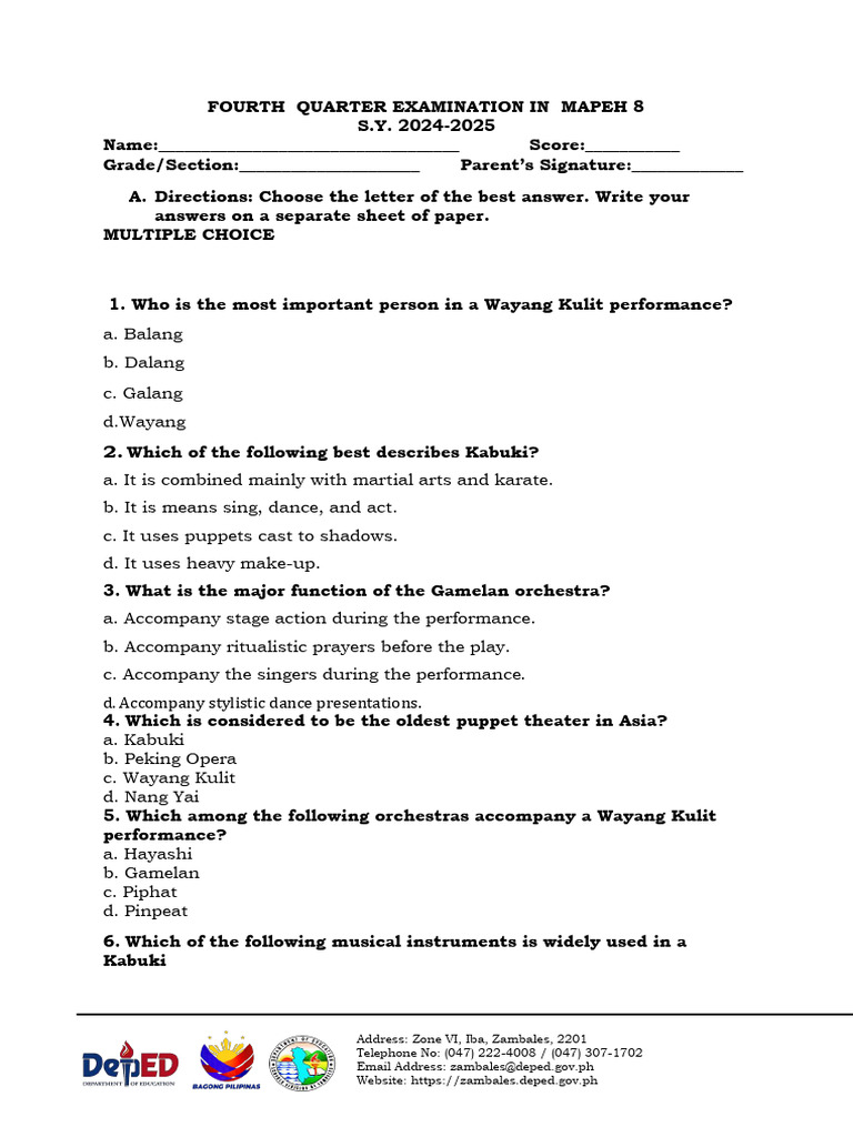 MAPEH 8 Fourth Quarter Exam 2024-2025 | PDF | Performing Arts