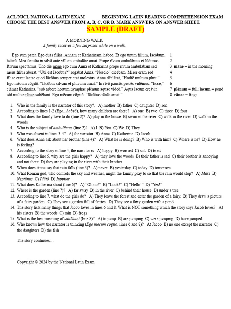 National Latin Exam: Beginning Reading Test | PDF