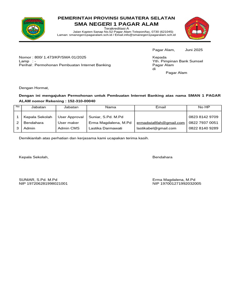 Permohonan Internet Banking SMAN 1 Pagar Alam | PDF