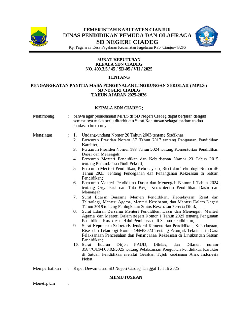 02 SK Panitia MPLS 2025-2026 SD | PDF