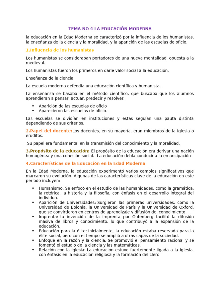 TEMA NO 4 LA EDUCACIÓN MODERNA Historia de La Educación. | PDF