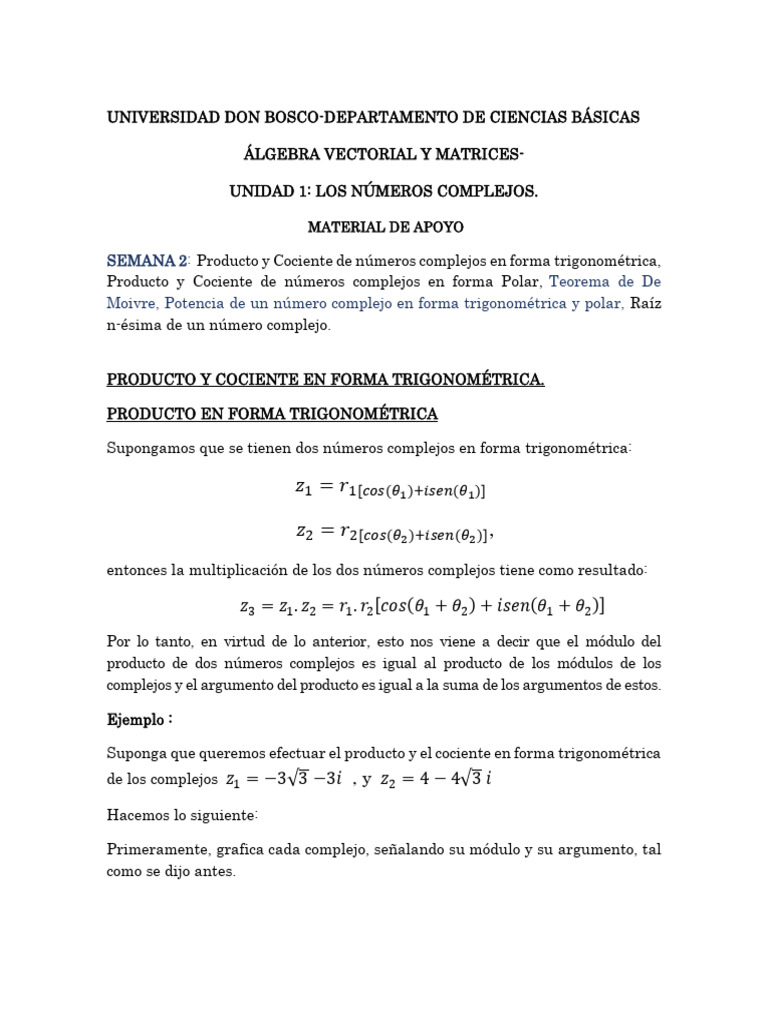 Producto y Cociente de Numeros Complejos en Forma Trigonomettrica | PDF ...