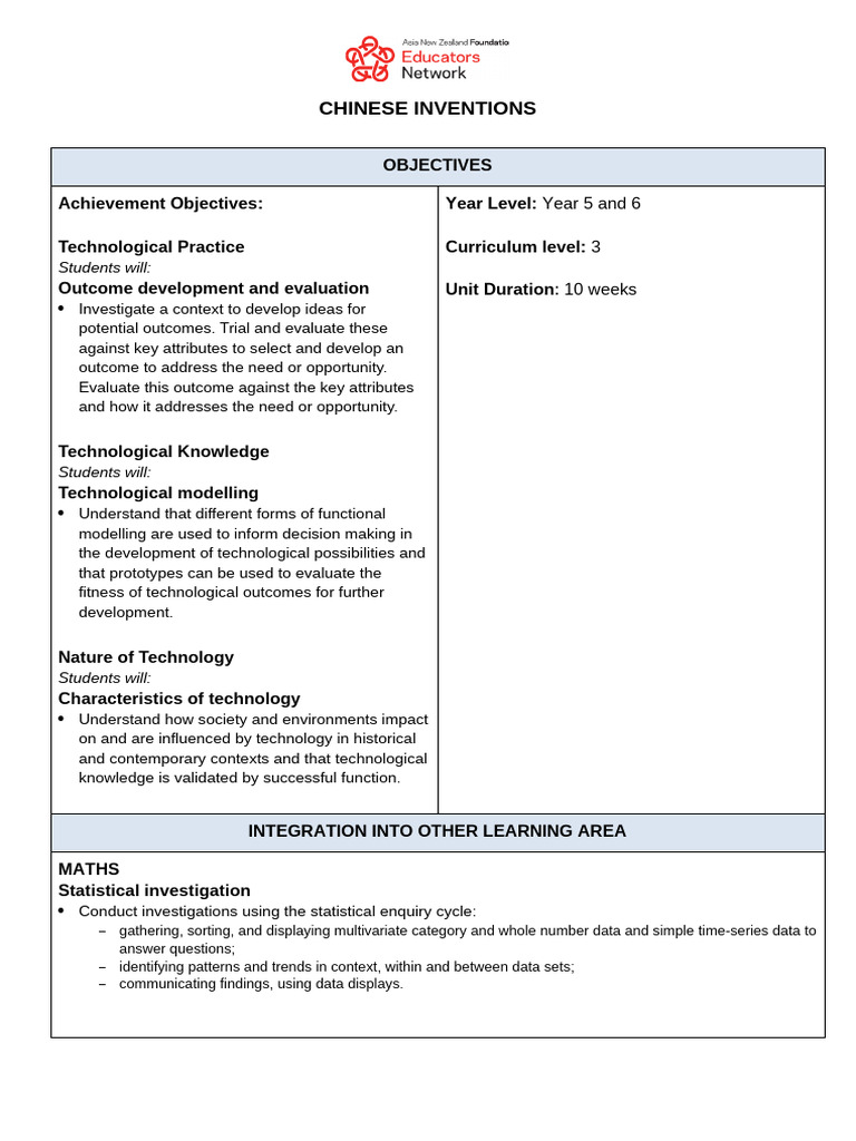 Chinese Inventions Unit Plan | PDF | Prototype | Curriculum