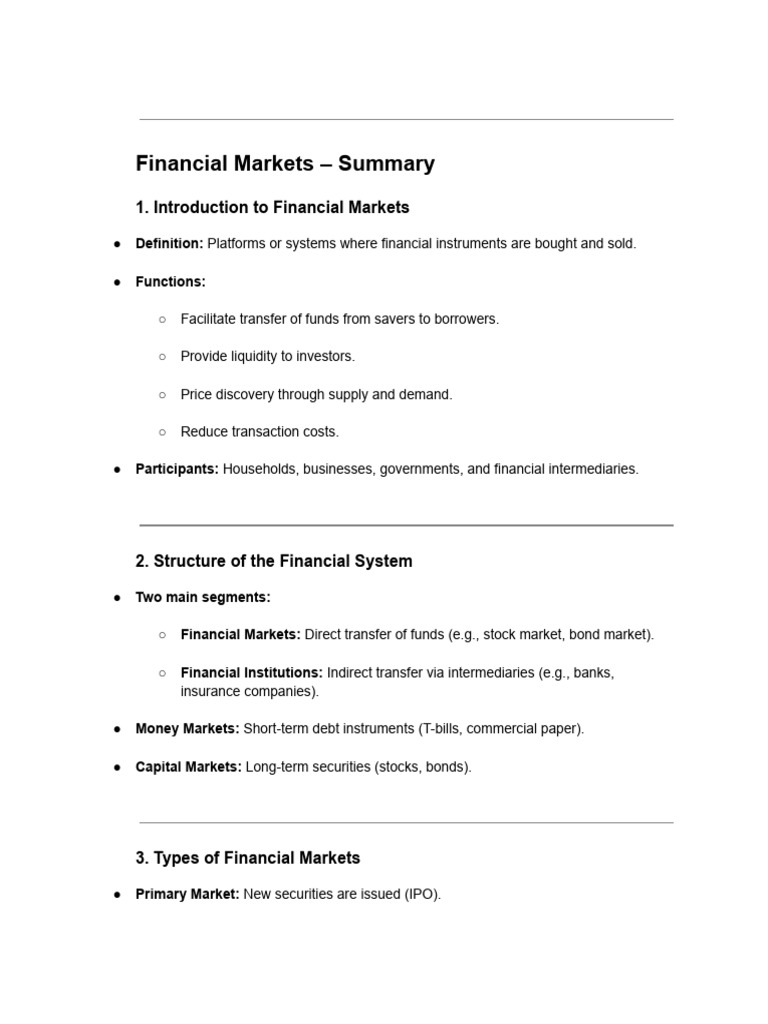 Financial Markets Overview and Functions | PDF | Financial Markets ...