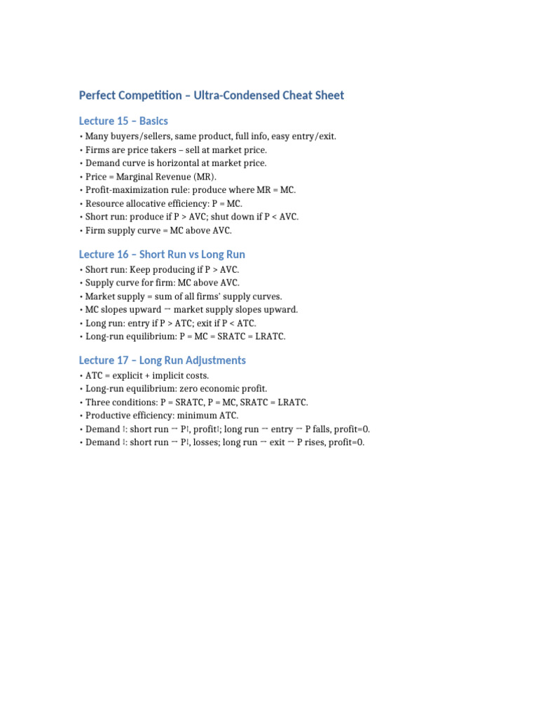 Perfect Competition Cheat Sheet Guide | PDF