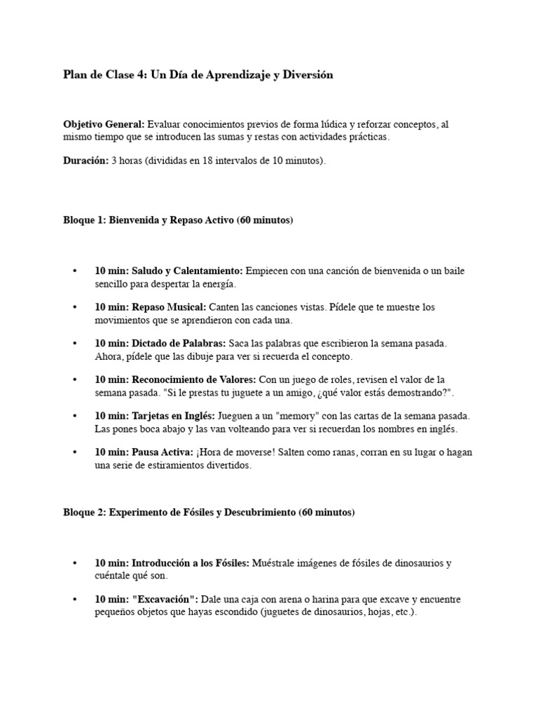 Plan de Clase 4: Un Día de Aprendizaje y Diversión | PDF
