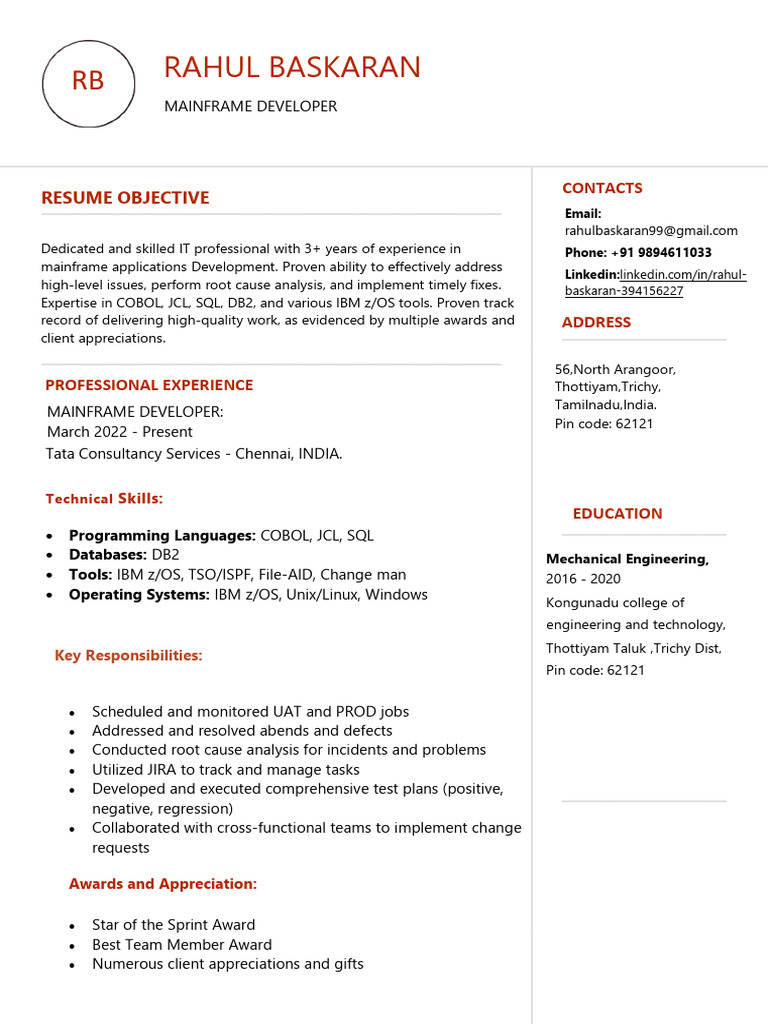Rahul Baskaran Mainframe Developer Resume-3 | PDF | Ibm Db2 | Computer ...