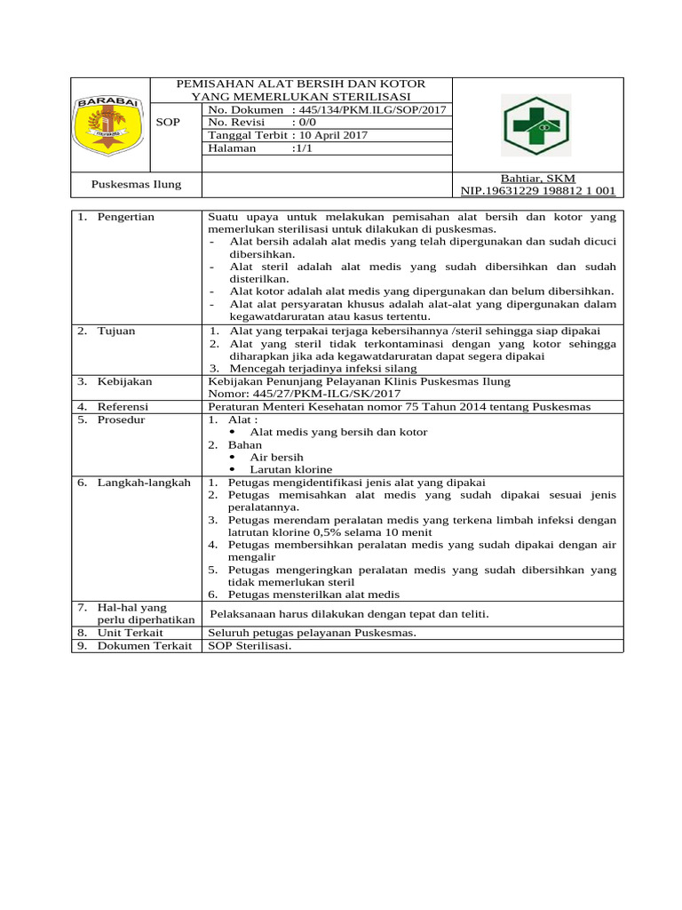 8.6.1.1 Sop Pemisahan Alat Bersih Dan Kotor Yang Memerlukan Sterilisasi | PDF