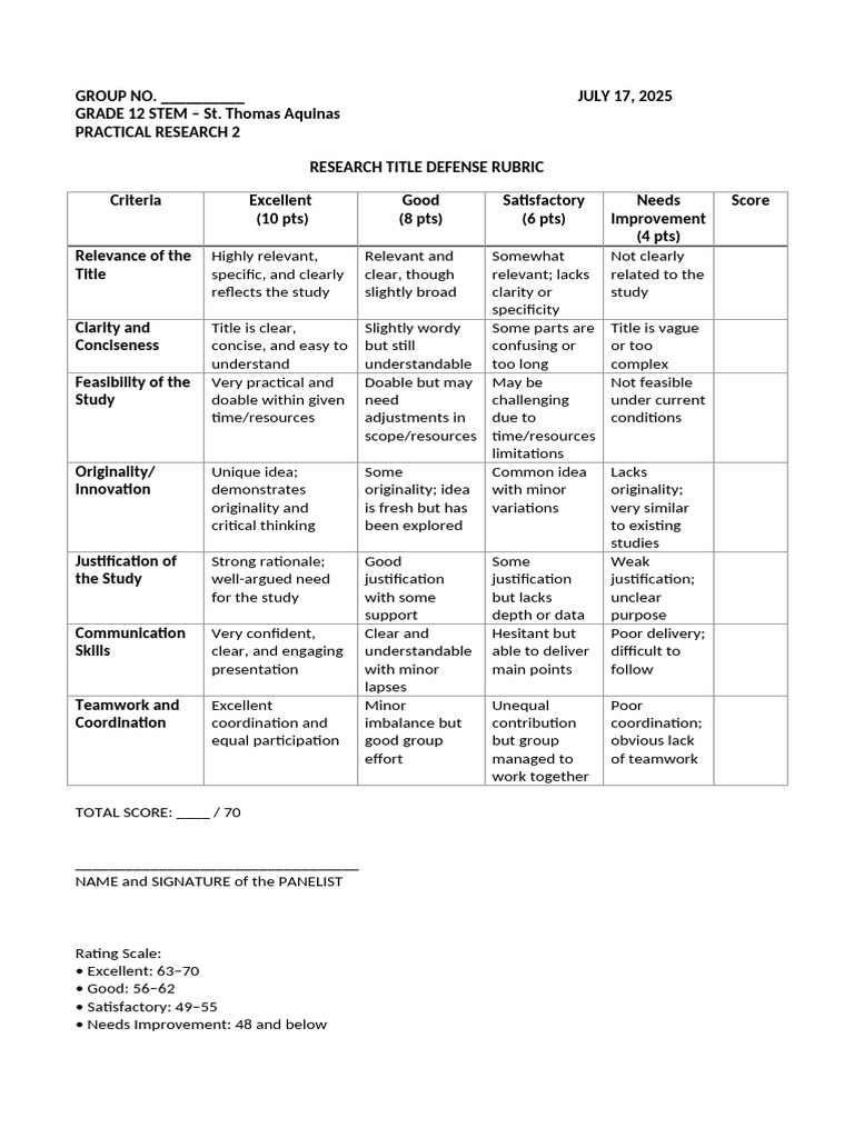 Research Title Defense Rubric | PDF