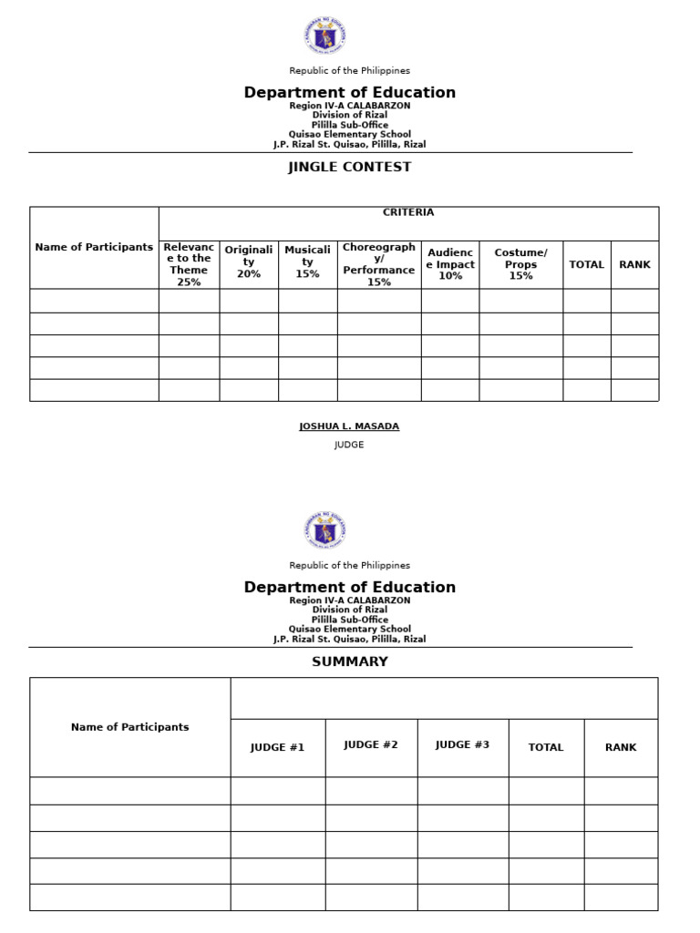 Quisao Elementary Jingle Contest Criteria | PDF