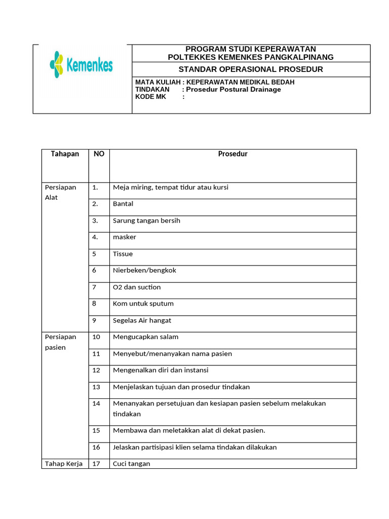 Prosedur Drainase Postural Keperawatan | PDF