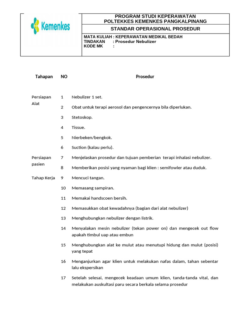 SOP Prosedur Nebulizer Kemenkes | PDF