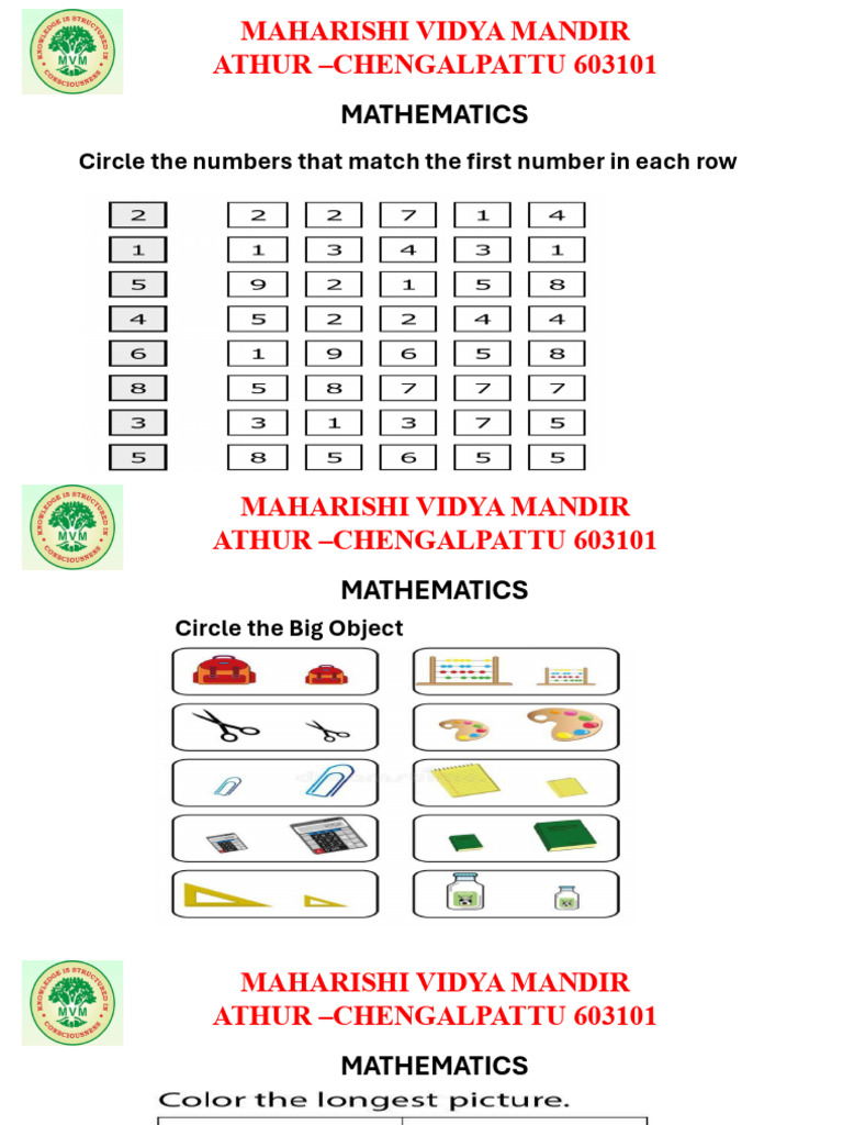 JR - KG Mathematics - Worksheet | PDF